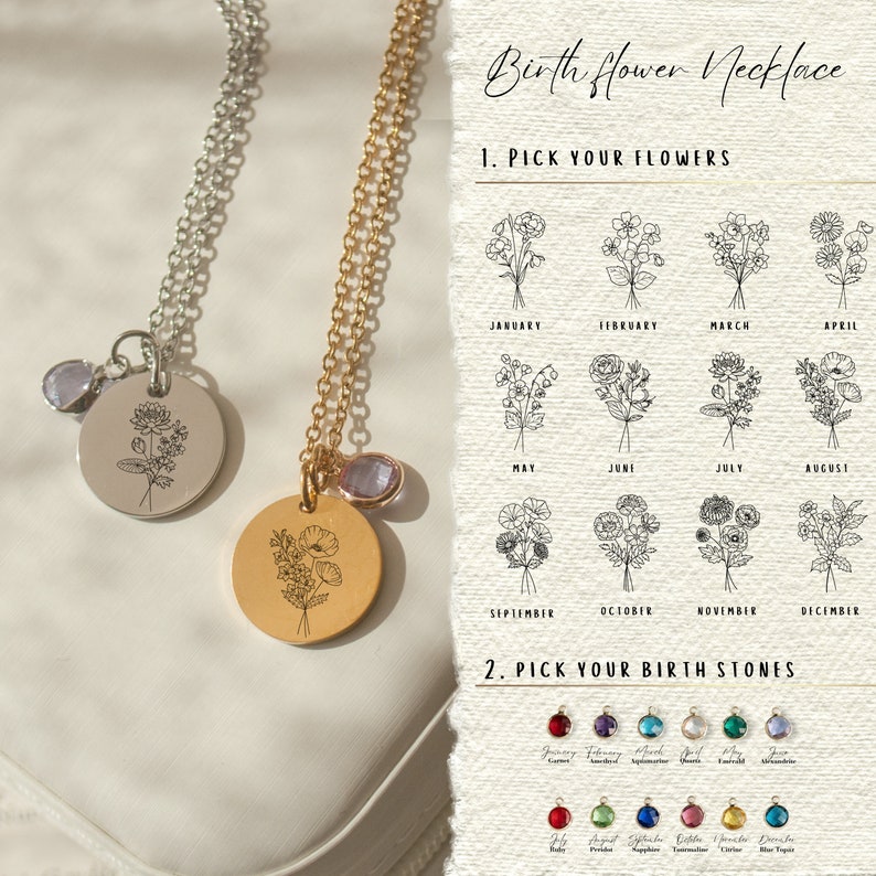Gold Birth Flower Necklace, Personalized Gift for Her, Birth Stone ...