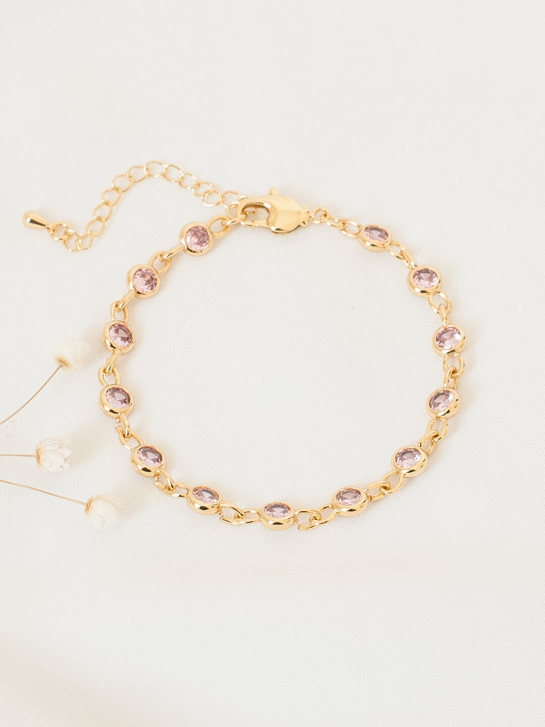 14k Gold Filled Crystal Bracelet, Pink Crystal Bracelet, Dainty Chain ...