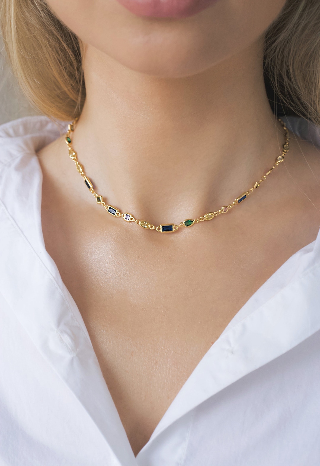 14K Gold Crystal Necklace, Gold Charm Choker Necklace Crystal ...