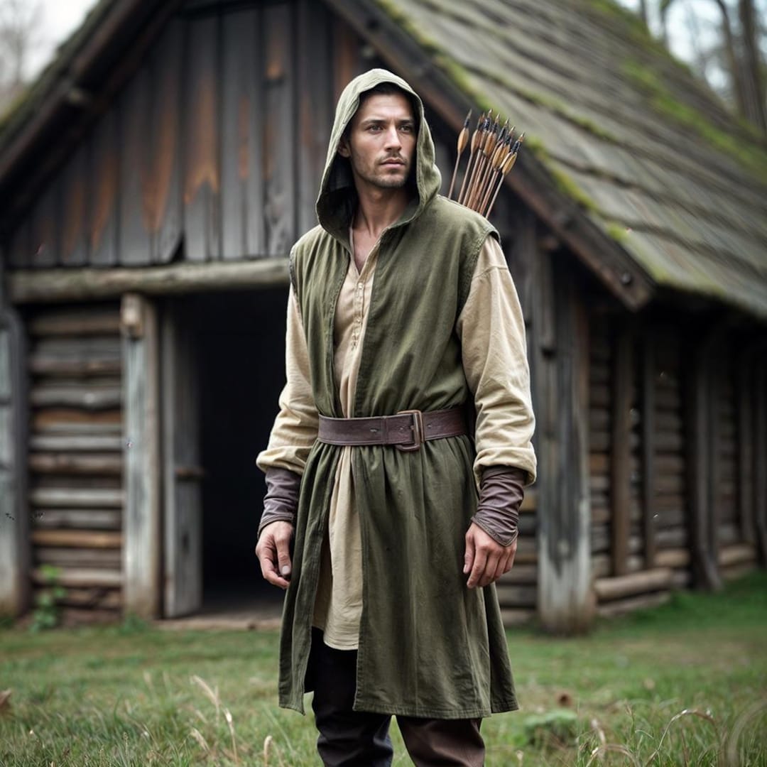 Medieval Mens Clothing, Linen Hooded Surcoat, Open Front Tunic With ...