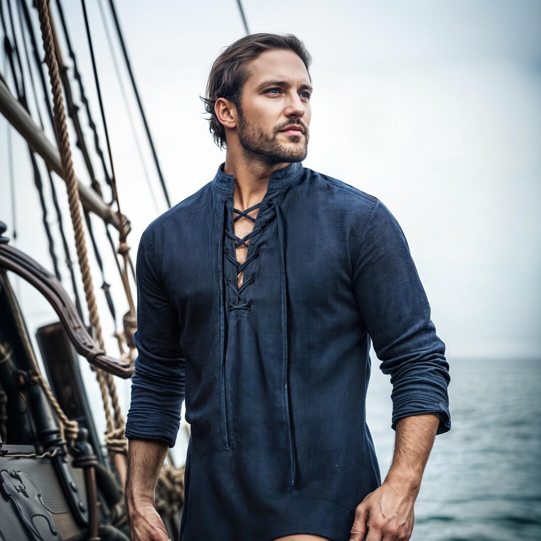 Medieval Men Tunic, Navy Blue Shirt Linen Cotton With Lace-up, Pirate ...