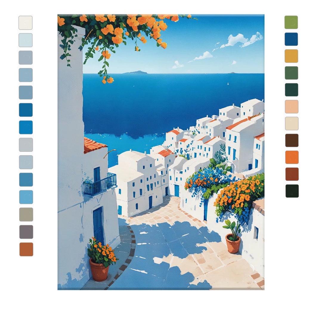 Paint by Numbers for Adults, Blue and White Landscape, Mediterranean ...