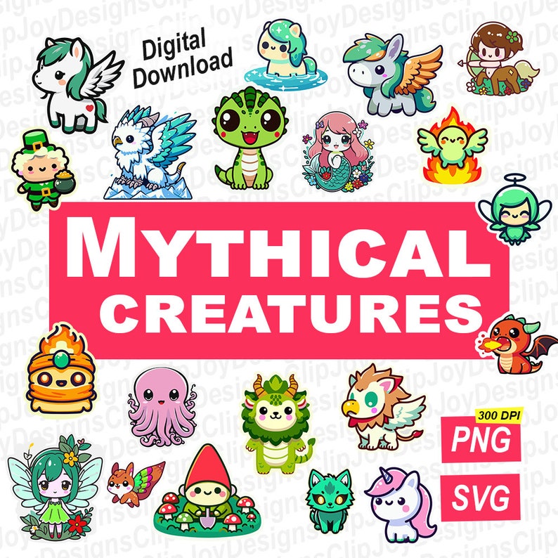 Mythical Creatures Sticker Pack, Cute Animal SVG Files, Cartoon ...