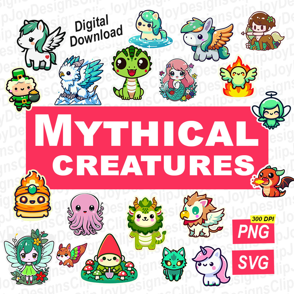 Mythical Creatures Sticker Pack, Cute Animal SVG Files, Cartoon ...