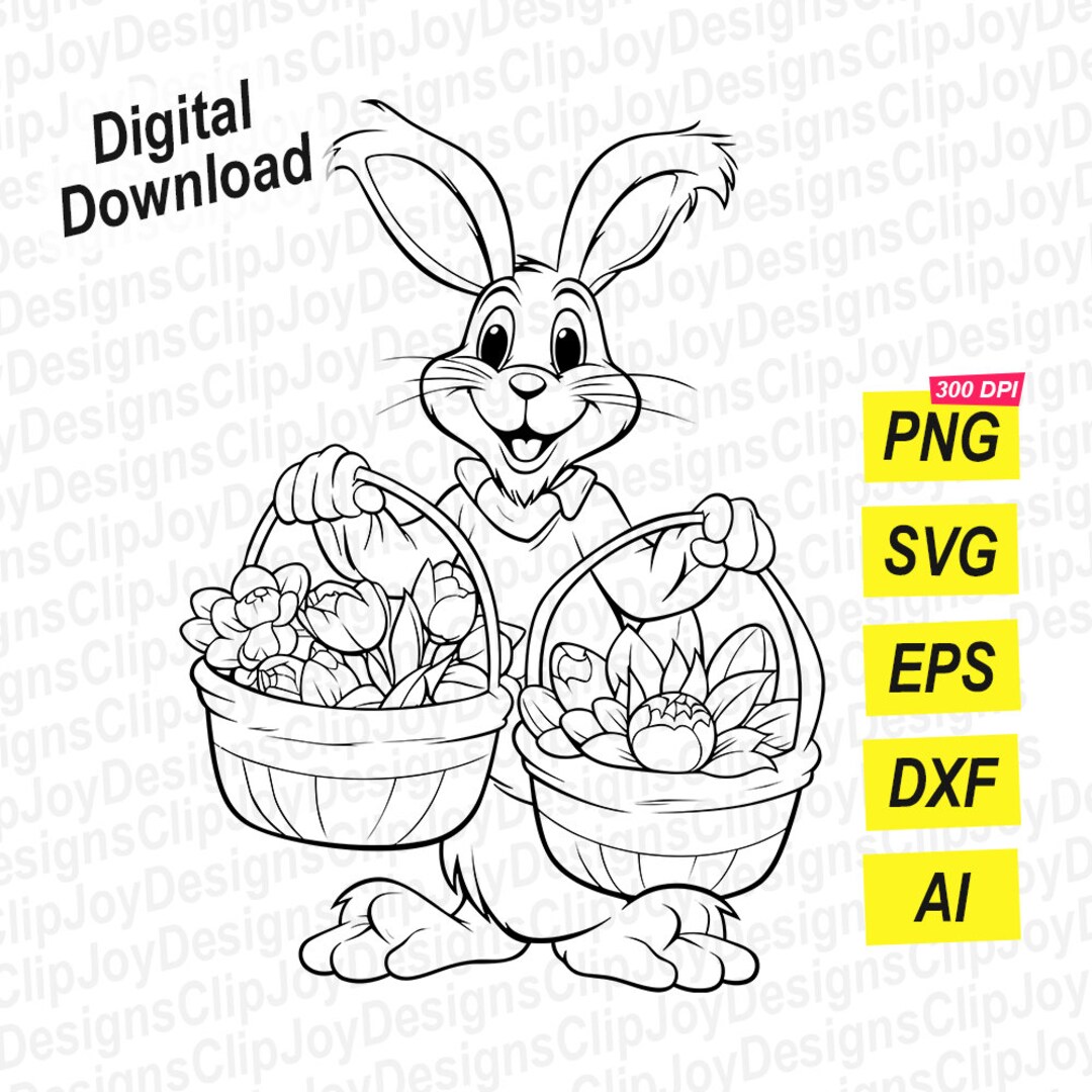 Smiling Rabbit and Baskets, Silhouette Vector Image Illustration ...