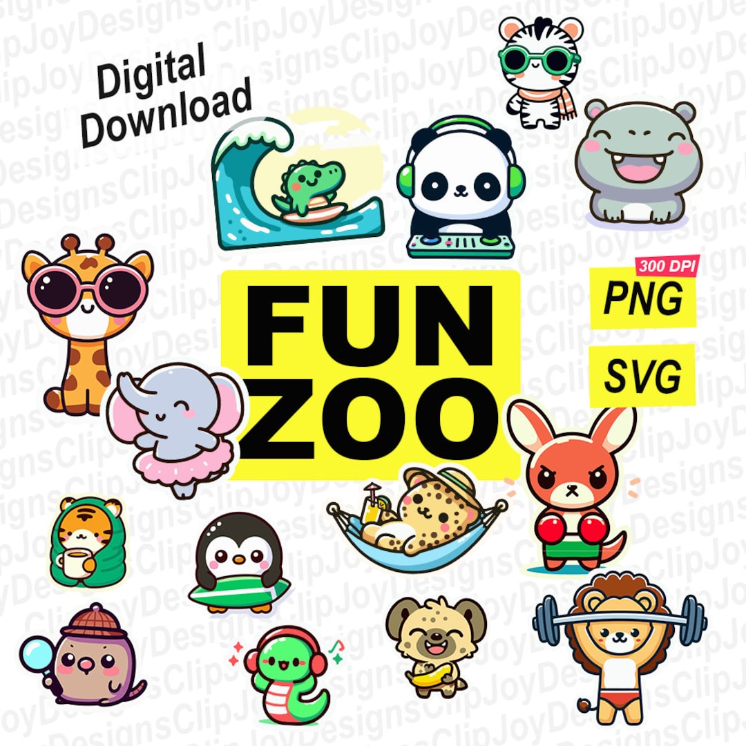 Fun Zoo Animals Clipart Bundle, Cute Animal SVG Files, Commercial Use ...