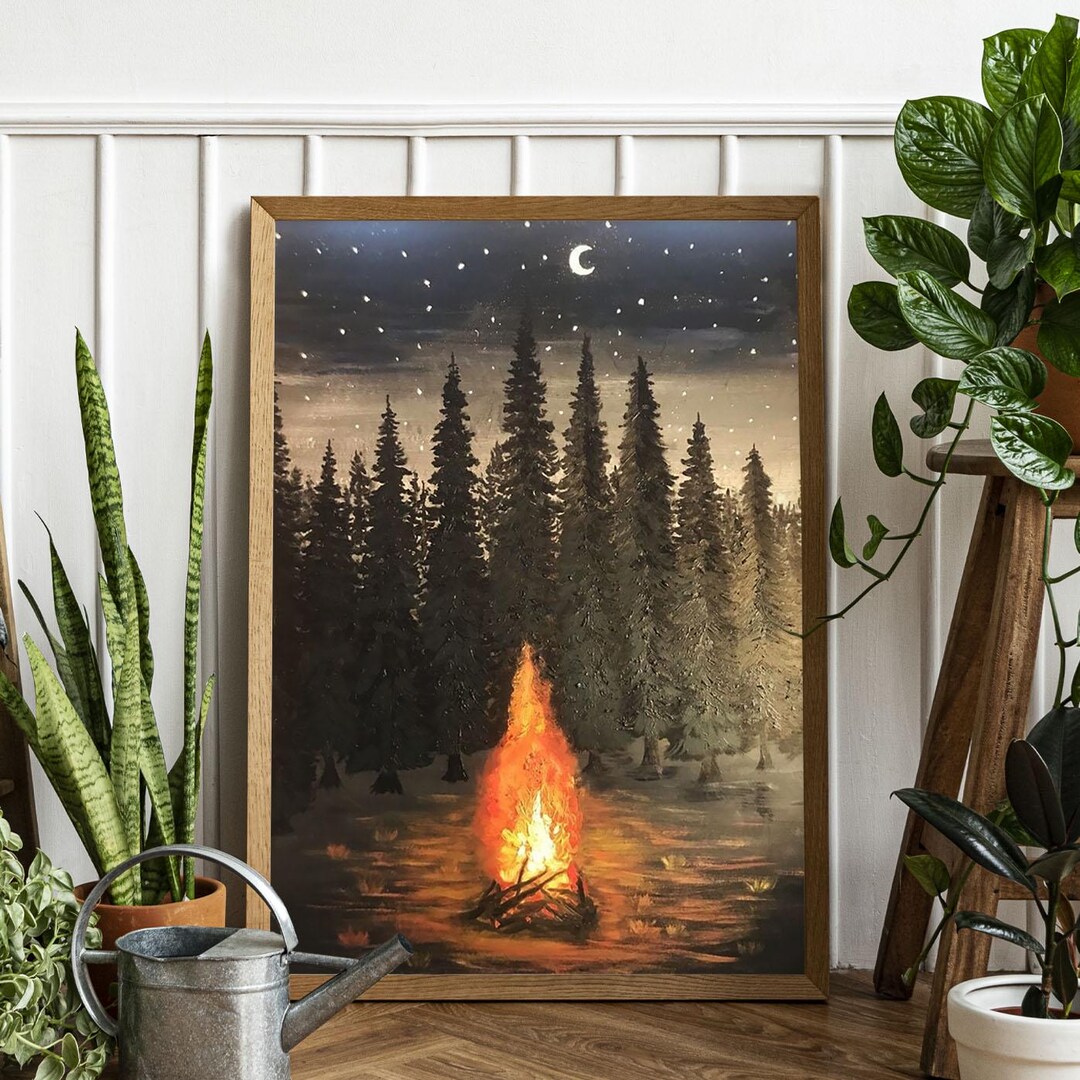 Rustic Campfire Oil Painting, Moody Pine Tree Poster Print, Camping ...