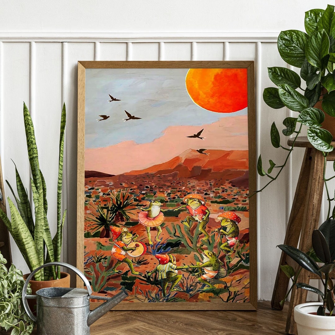Retro Moon Dancing Frogs With Mushroom Wall Print - Vintage Frog ...