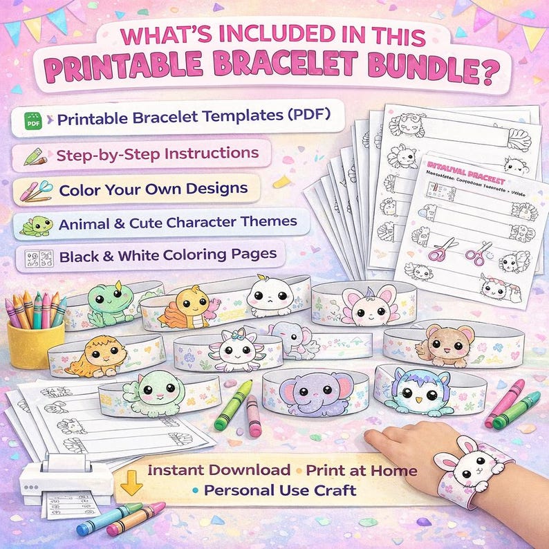 Printable Animal Bracelets Bundle for Kids | Coloring Craft Activity ...