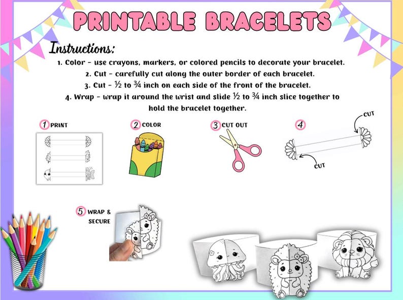 Printable Animal Bracelets Bundle for Kids | Coloring Craft Activity ...