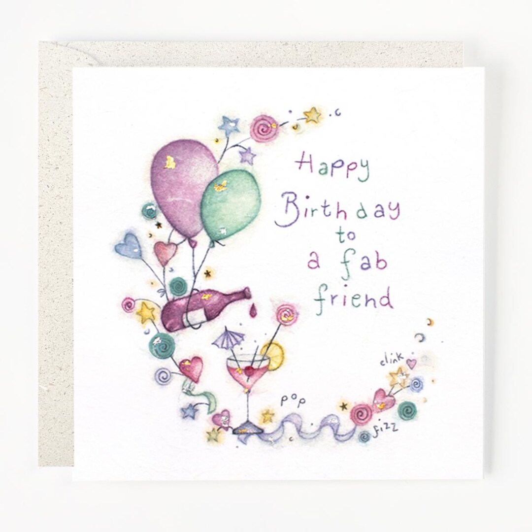 Floral Happy Birthday Card: Fab Friend, Wine & Balloons - Etsy