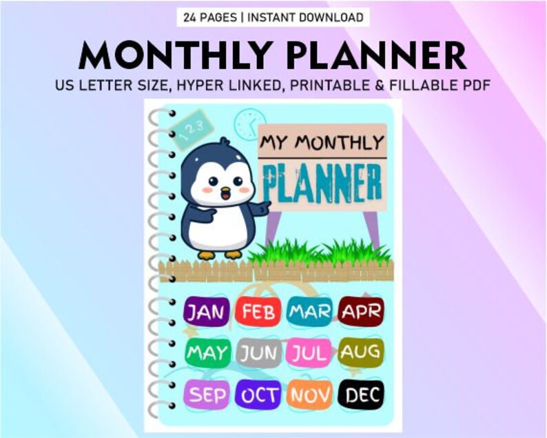 Monthly Cartoon Theme Planner Printable, undated US Letter Size ...