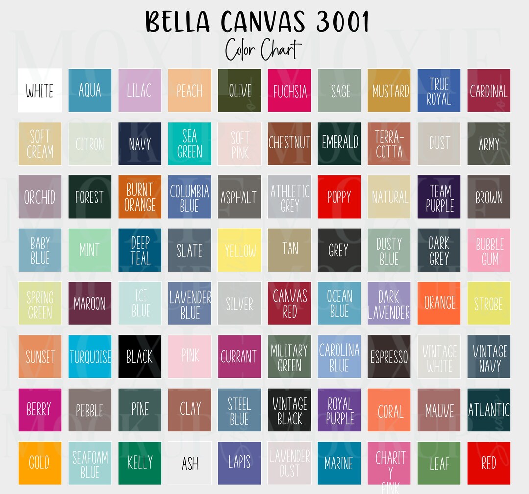 Bella Canvas 3001 Color Chart, Bella Canvas 3001 Mockup, Bella Canvas ...
