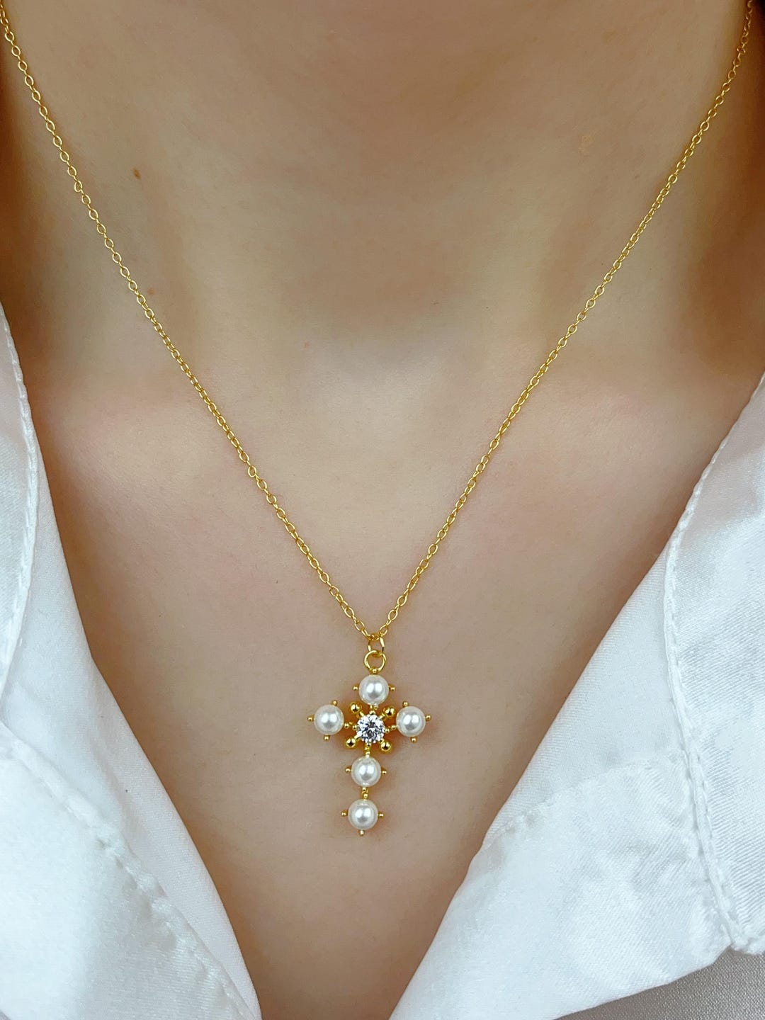 Sterling Silver Shell Pearl Cross Necklace for Women - Etsy
