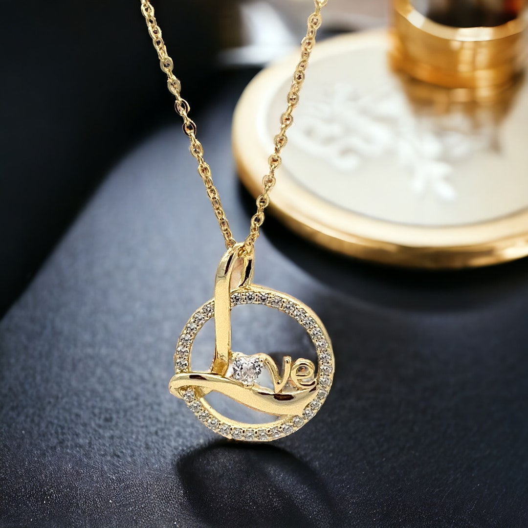 Sterling Silver Round-shaped 'love' Necklace Adorned With Simulated ...