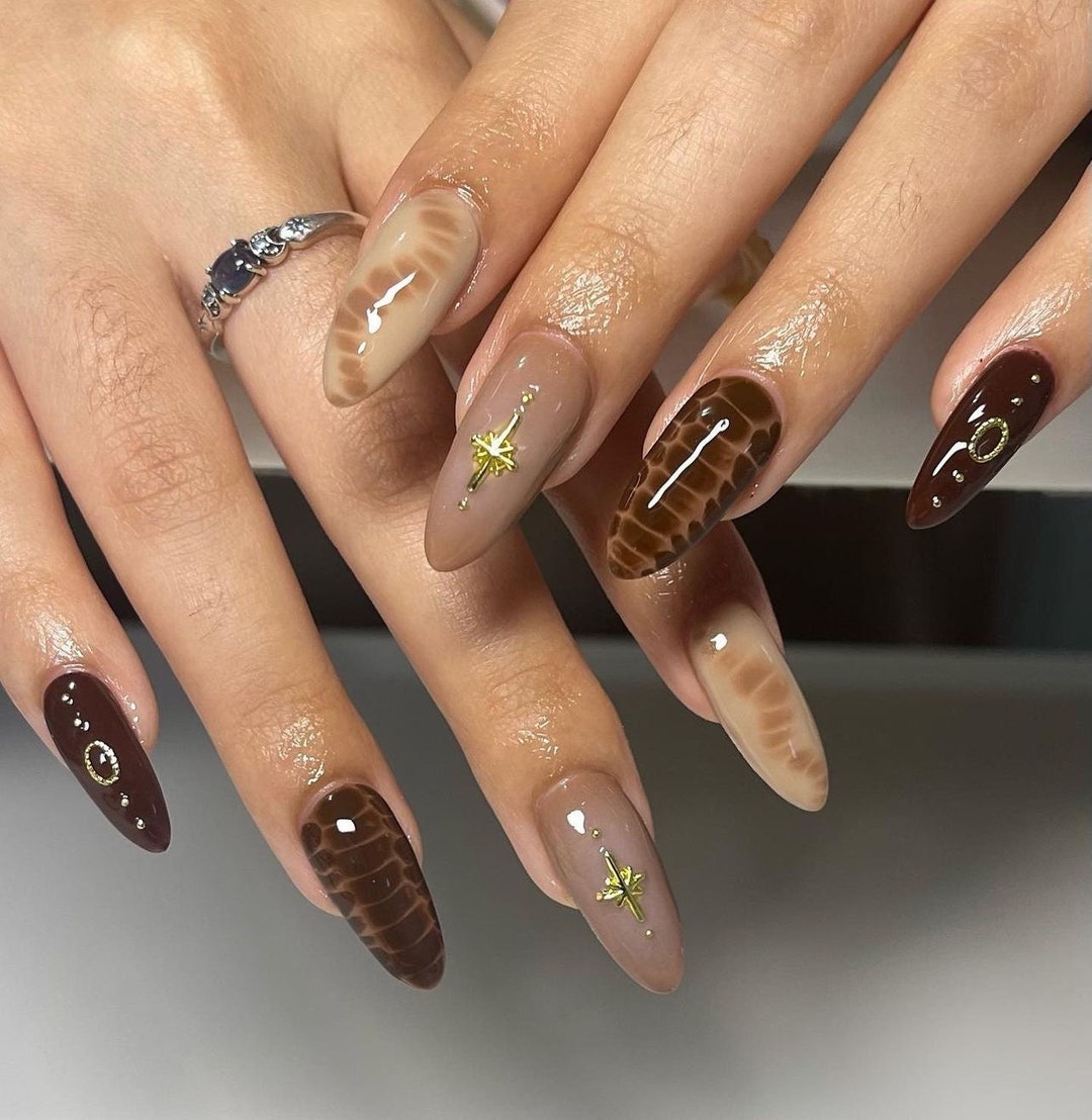 Brown Crocodile Print Press on Nails: Handmade Faux Acrylic Gel Nails ...