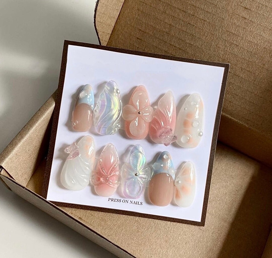 Handmade 3D Flora Press on Nails: Soft Pink Gel Faux Acrylics - Etsy