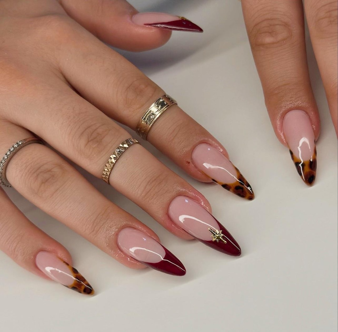 Tortoise Shell French Tip Press on Nails: Leopard Accent, Handmade - Etsy