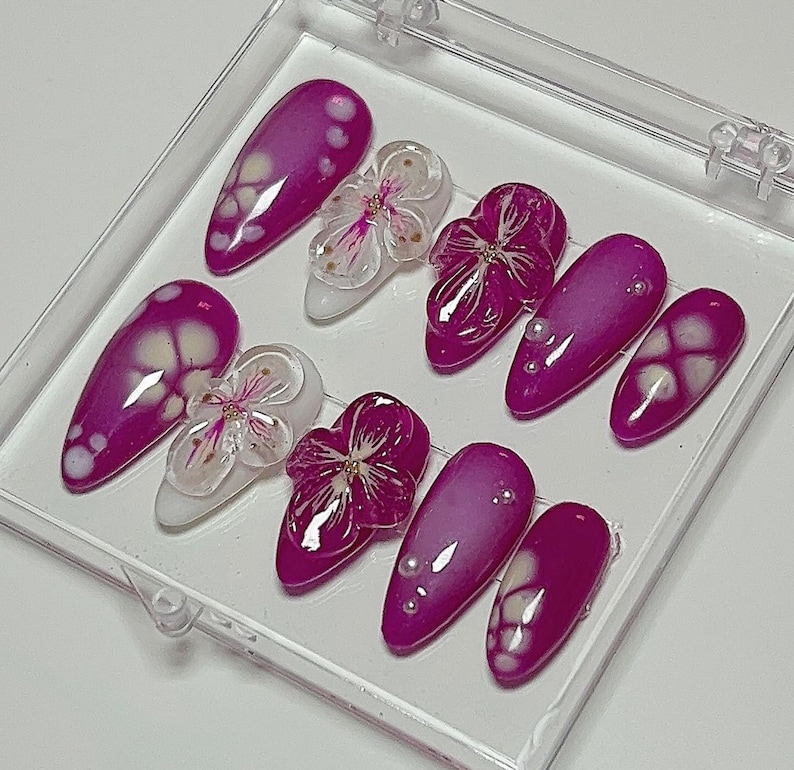 3d Folora Hand Painted Nails /custom Press on Nails/ Hand Made Press on ...