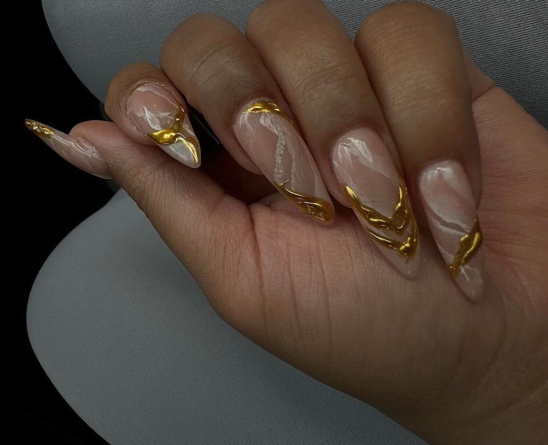 3d Golden Chrome Flower Nails /custom Press on Nails/ Hand Made Press ...