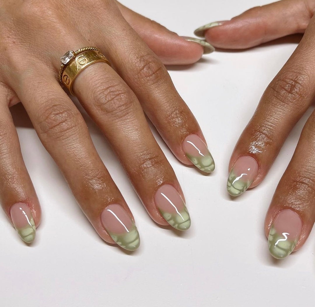Green Crocodile Print French Nails /custom Press on Nails/ Hand Made ...