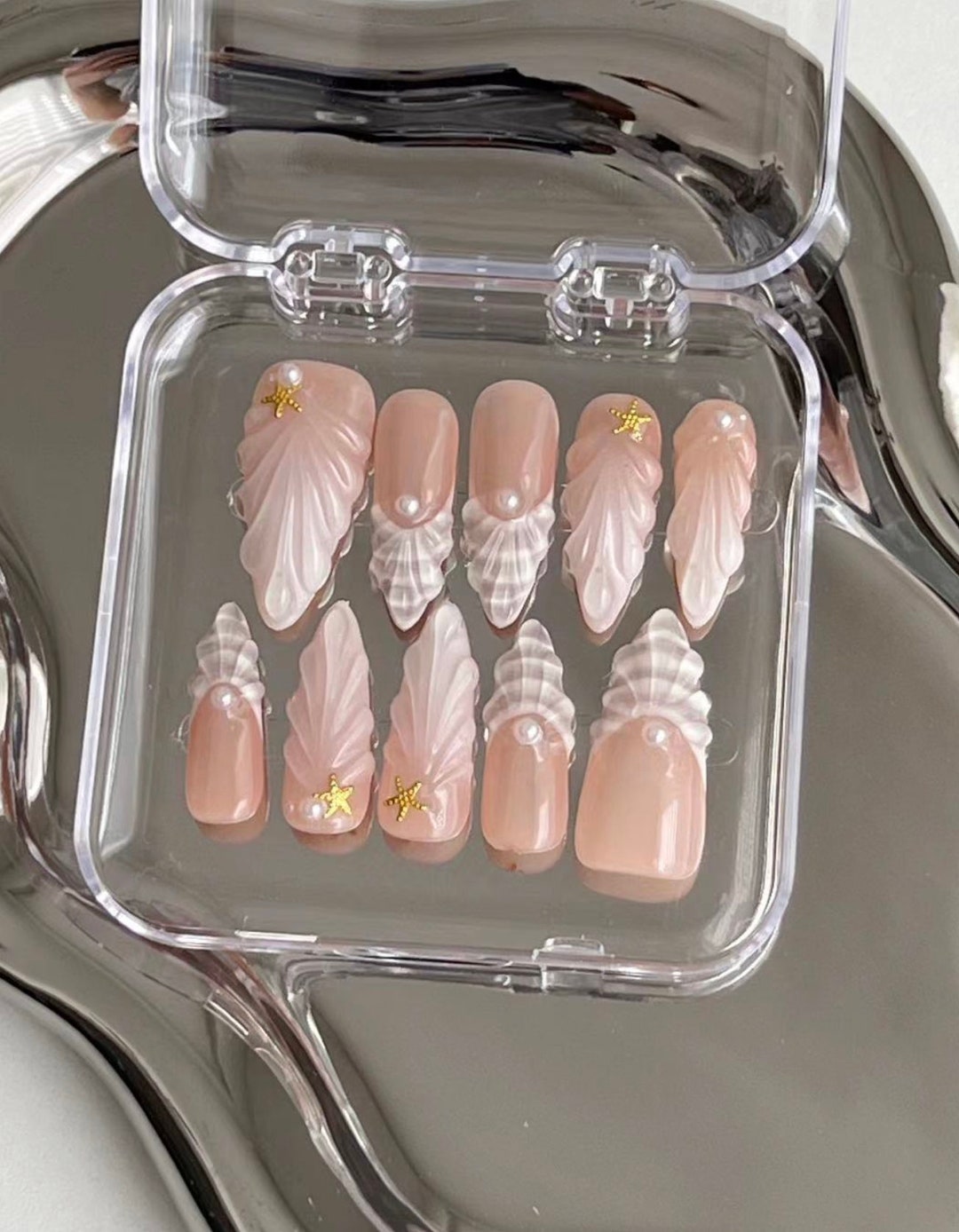 3D Sea Shell Press on Nails: Handmade Faux Acrylic Gel Nails - Etsy