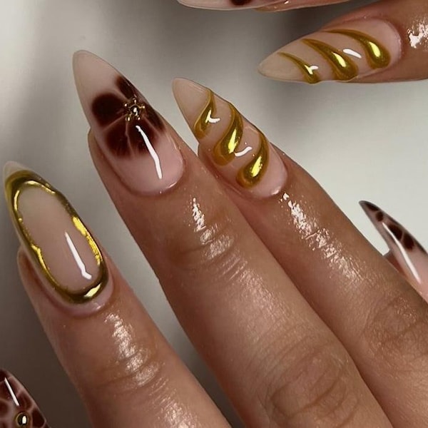 3d Golden Chrome Flower Nails /custom Press on Nails/ Hand Made Press ...
