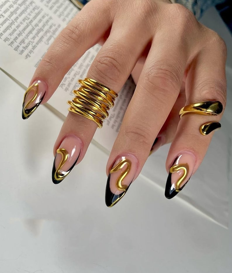 Black French 3d Gold Line Press on Nails: Handmade Custom Nails - Etsy