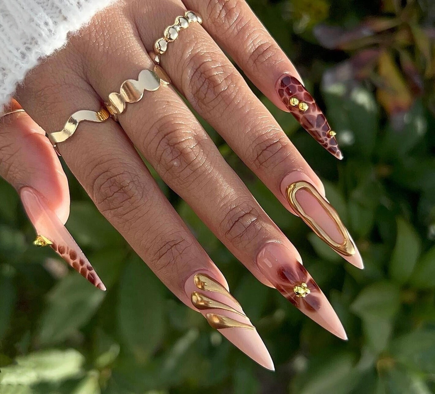 3d Golden Chrome Flower Nails /custom Press on Nails/ Hand Made Press ...