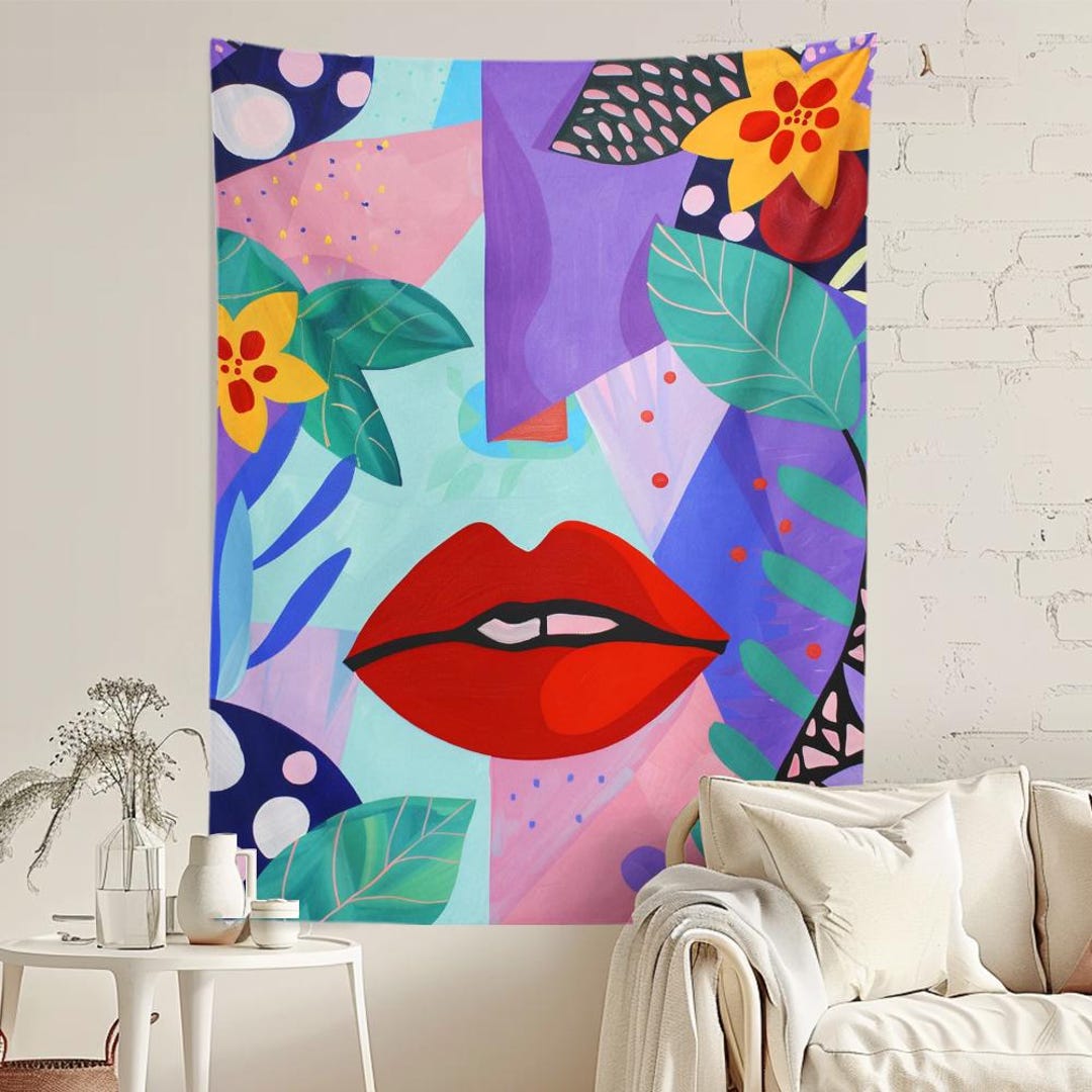 Colorful Modern Art Tapestry Bold Lips Decoration With Floral and ...
