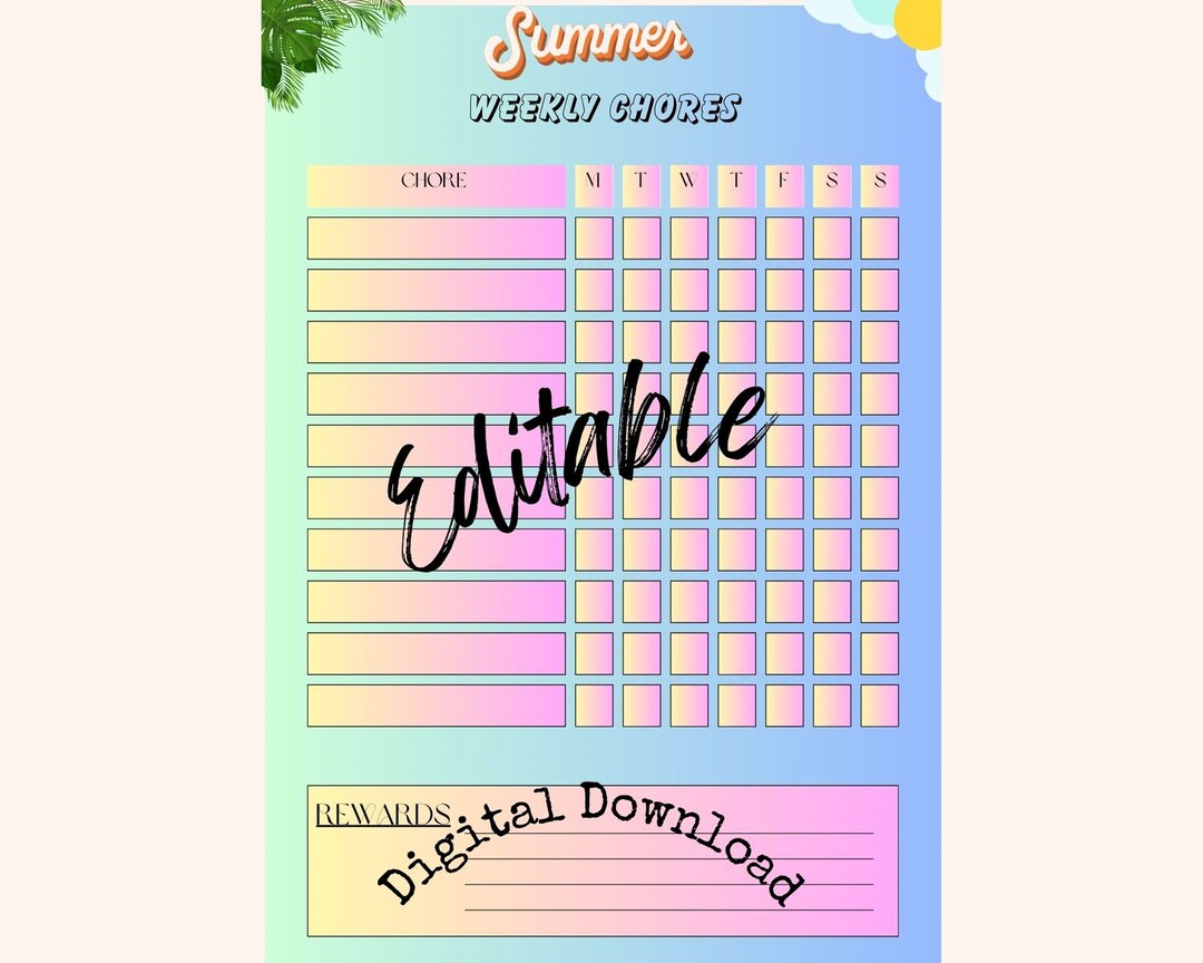 Chore Chart, Printable Editable SUMMER Daily & Weekly Kids Chore ...