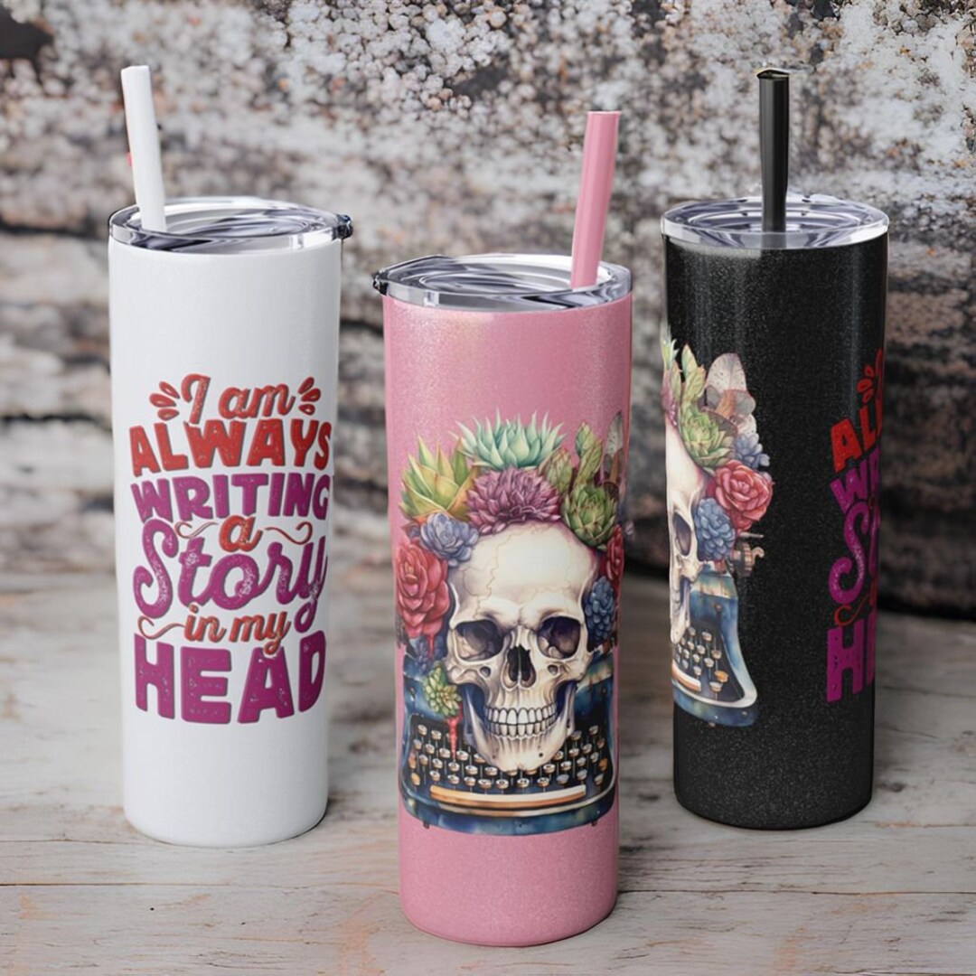 Always Writing a Story in My Head Typewriter Skull Skinny Tumbler With ...