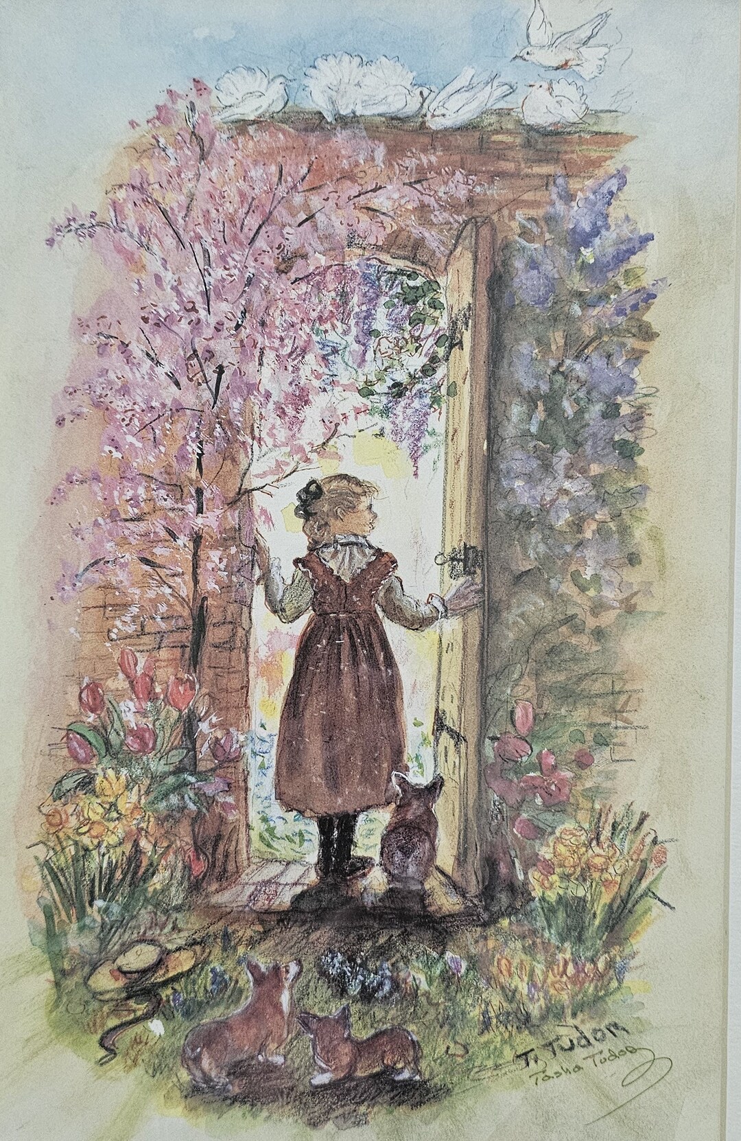 Tasha Tudor SIGNED Print secret Garden. Corgis and Beautiful Flowers in ...