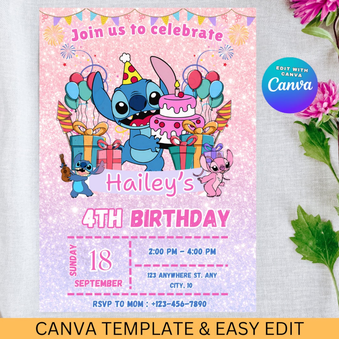 Stitch Editable Birthday Invitation Template, Printable Birthday Party ...