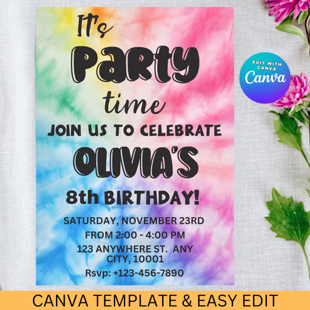 Tie Dye Birthday Invitation Rainbow Tie Dye Birthday Invitations ...