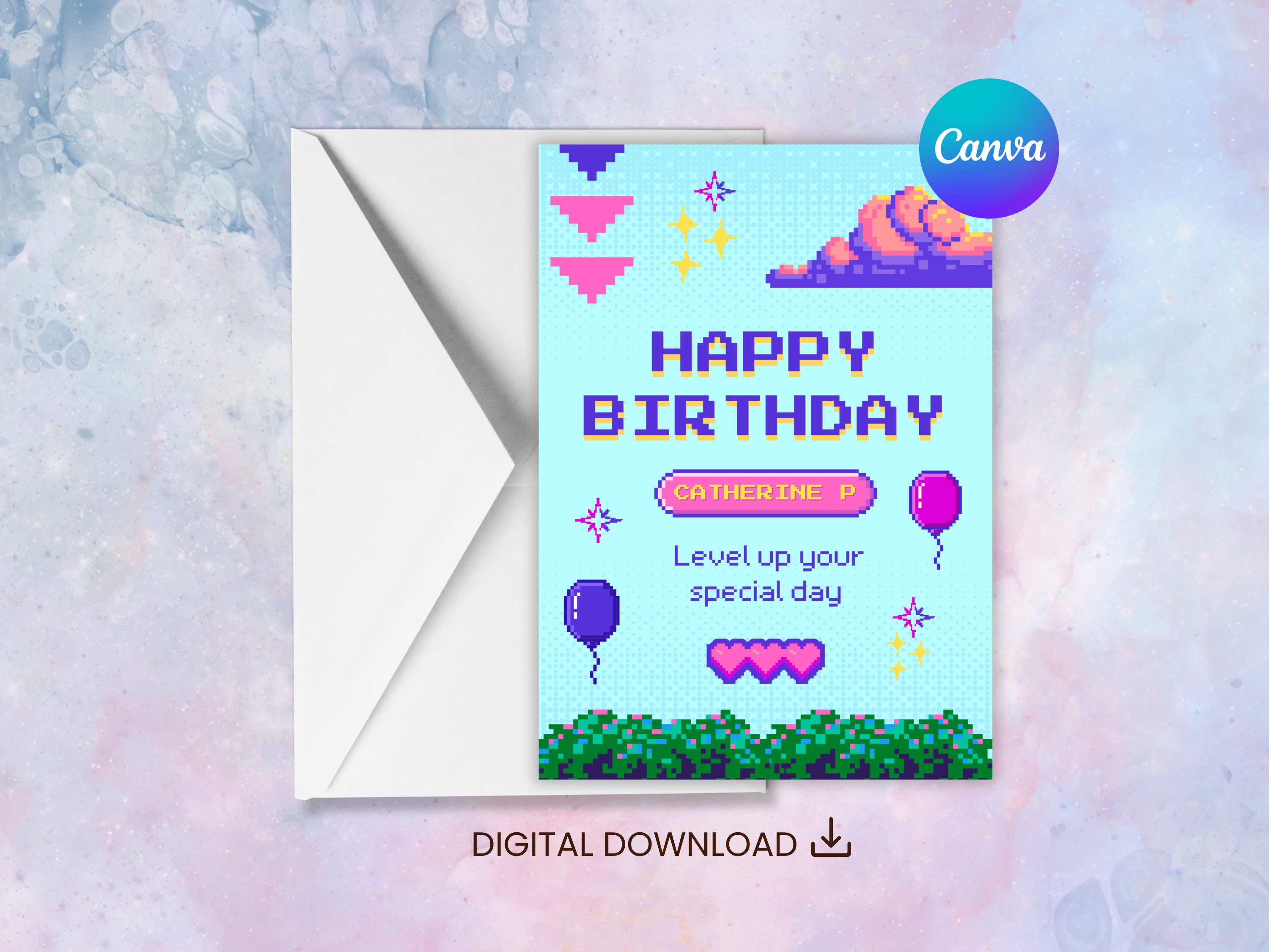 Editable 5"x7" Pixel Birthday Card - Printable Digital Download (canva ...