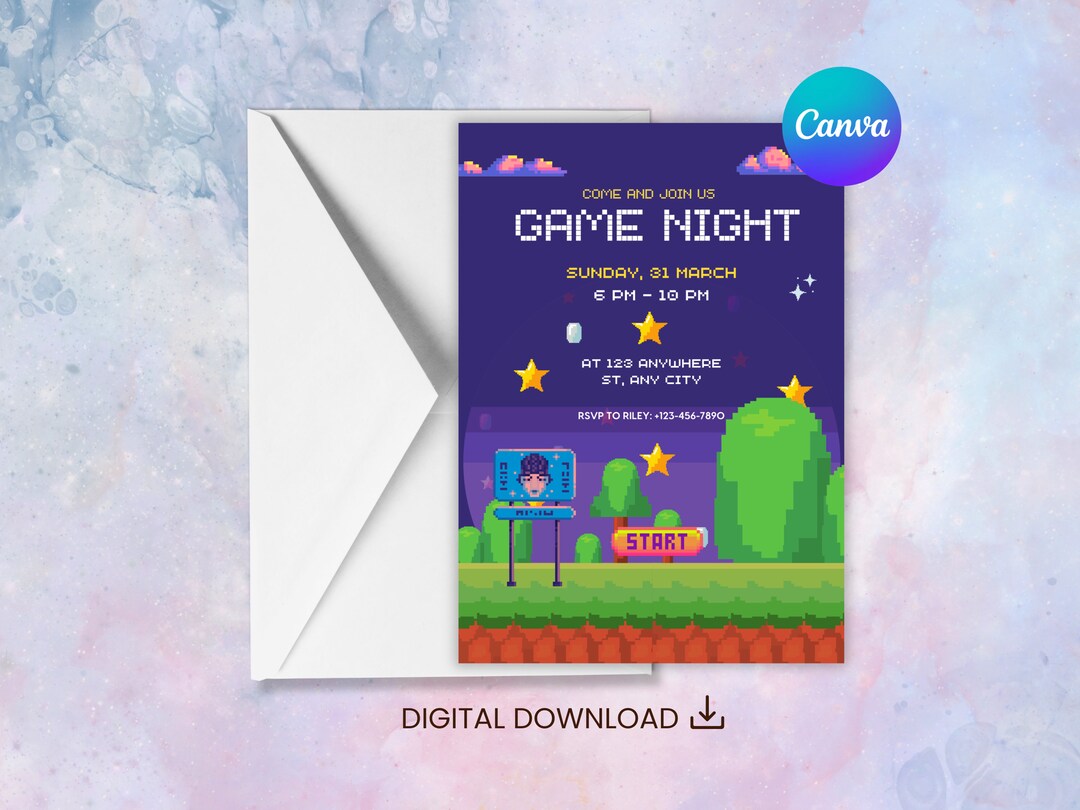 Editable 5"x7" Pixel Game Night Invitation - Printable Digital Download ...