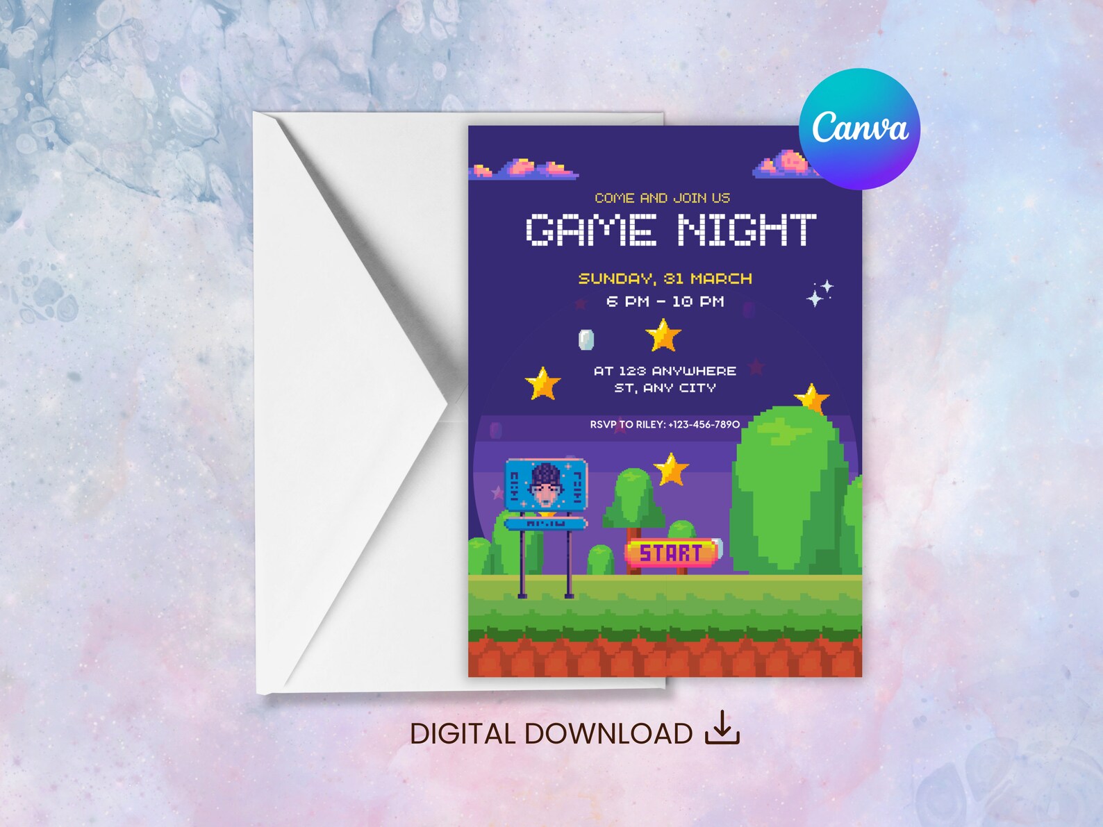 Editable 5"x7" Pixel Game Night Invitation - Printable Digital Download ...