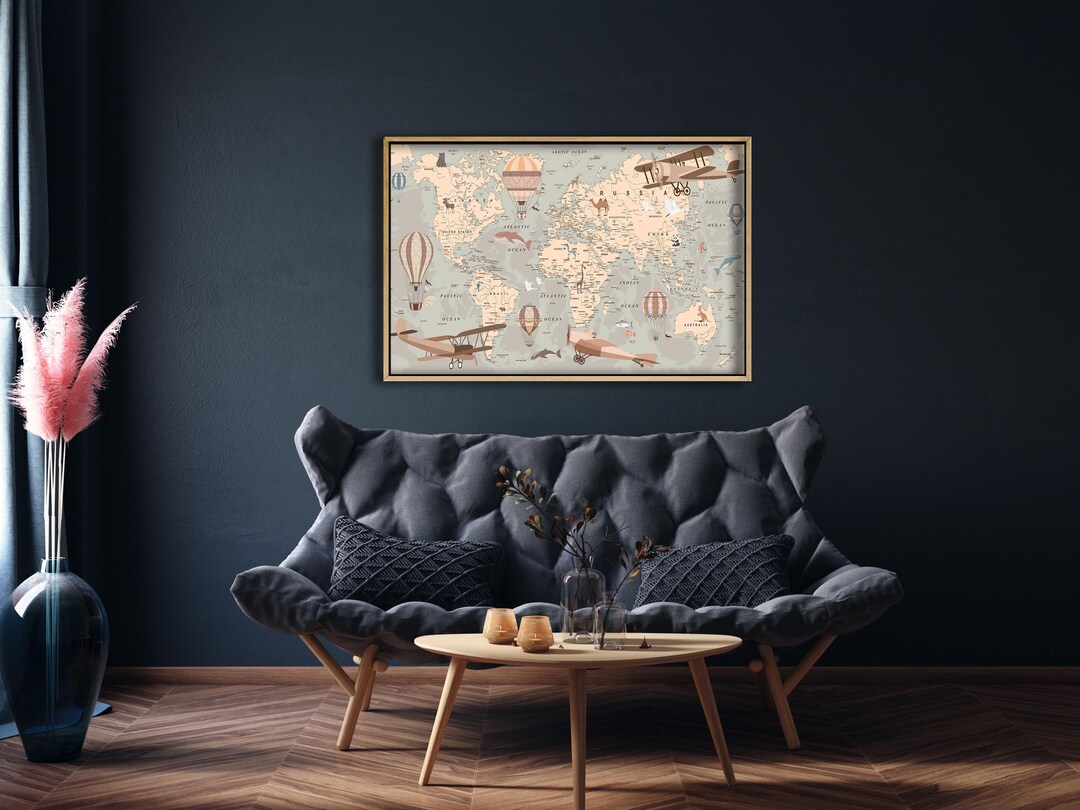 Framed Funny Kids Room, Animal World Map Kids Wall Art, Kids Animal ...