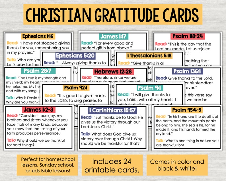 Printable Gratitude Discussion Cards for Kids - 24 Cards With Bible ...