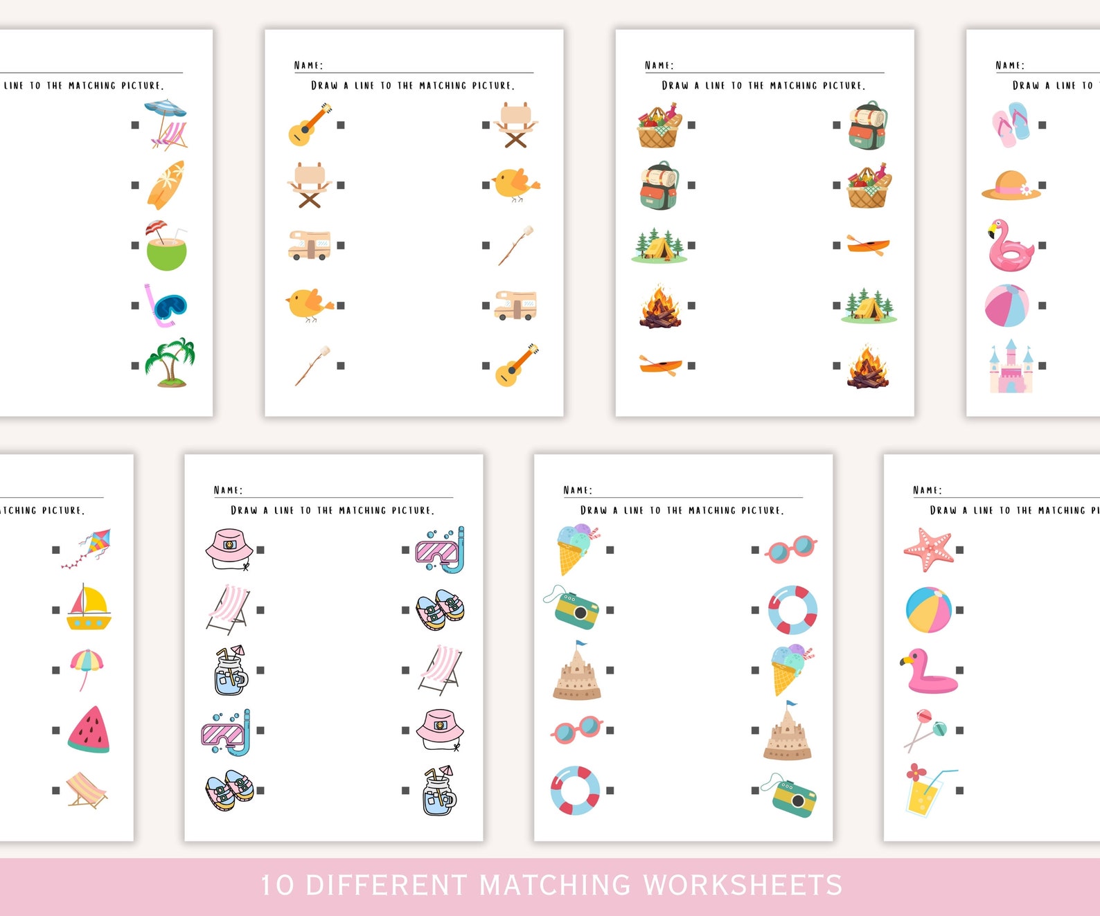 10 Printable Matching Worksheets, Match the Picture, Kindergarten ...