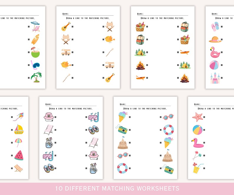 10 Printable Matching Worksheets, Match the Picture, Kindergarten ...
