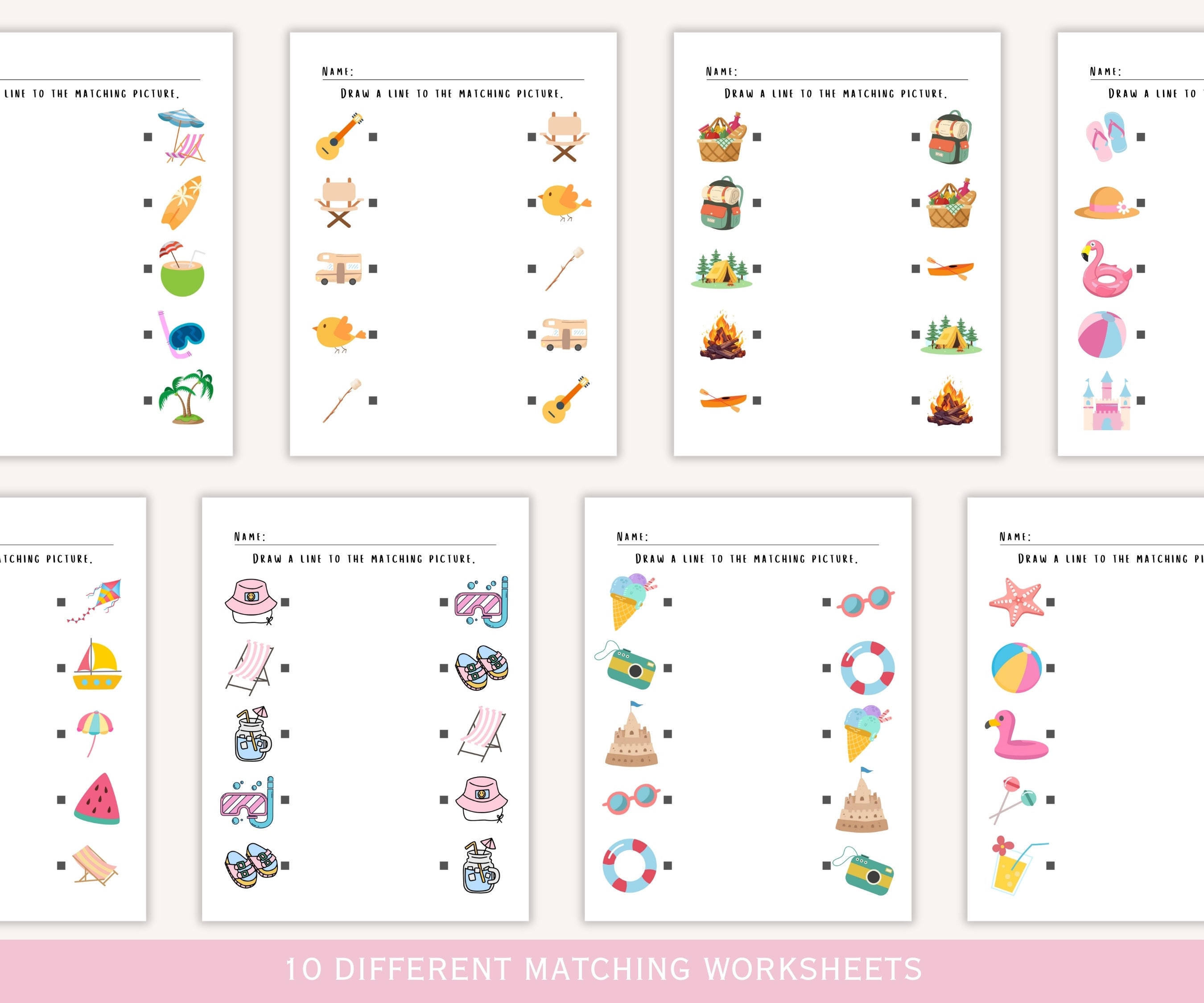 10 Printable Matching Worksheets, Match the Picture, Kindergarten ...