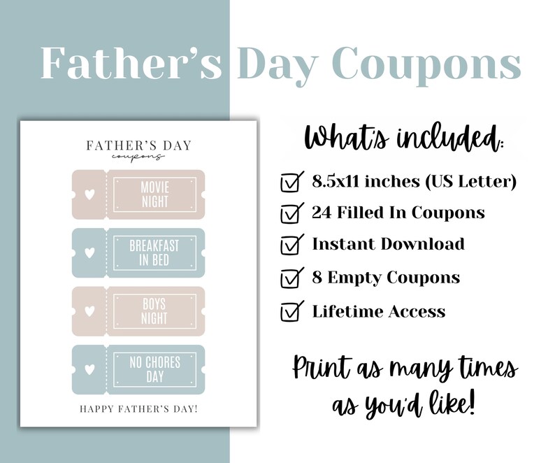24 Printable Father's Day Coupons, Father's Day Coupon Book, Father's ...