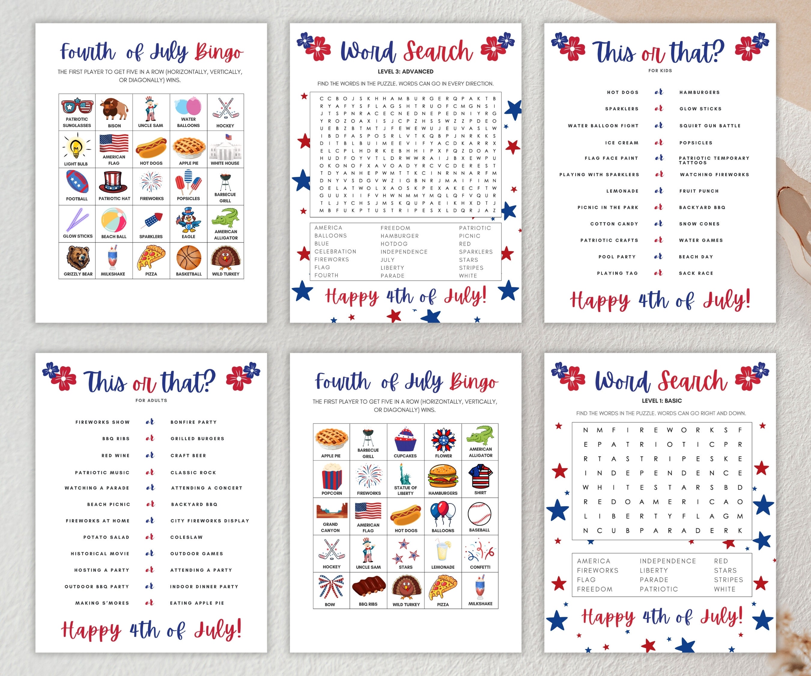 Printable Patriotic Activity Bundle: Word Search, Bingo, This or That ...