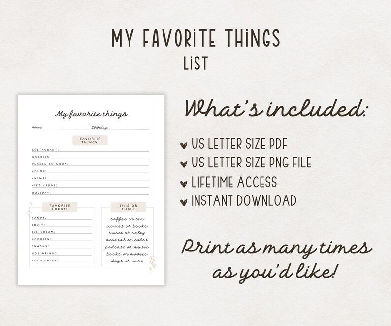 Favorite Things List PDF, Favorite Things Questionnaire, Teacher ...