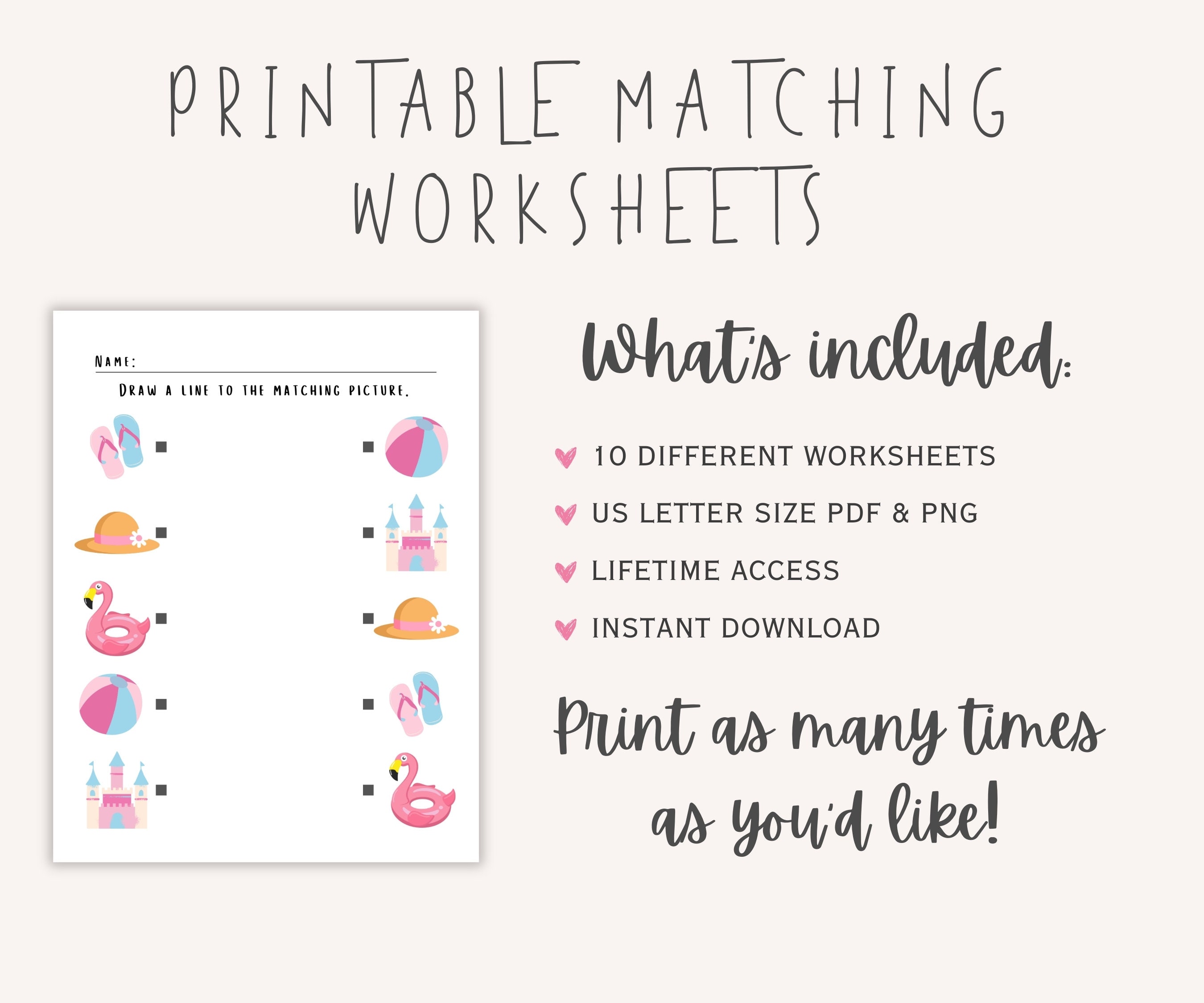 10 Printable Matching Worksheets, Match the Picture, Kindergarten ...