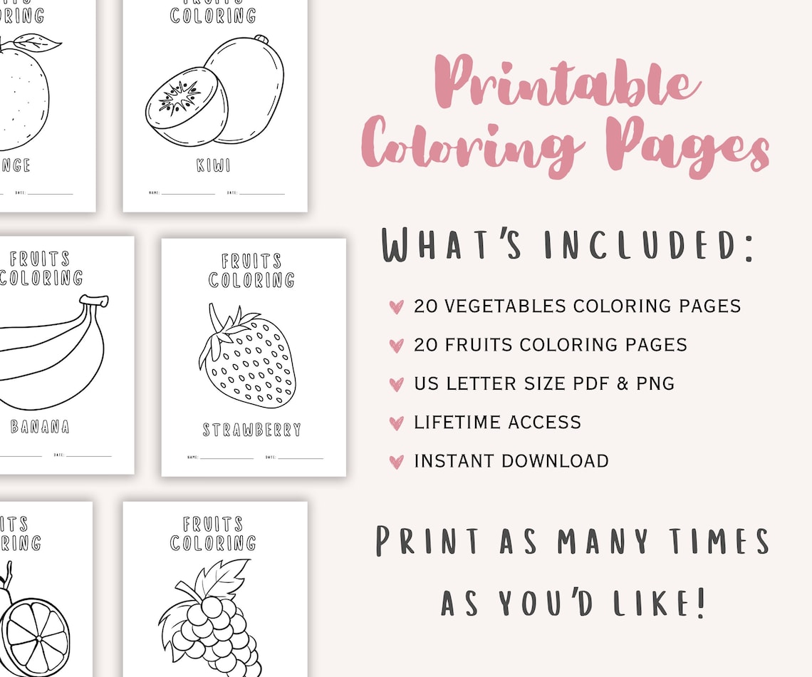 40 Vegetables & Fruits Coloring Pages, Kindergarten Preschool Activity ...