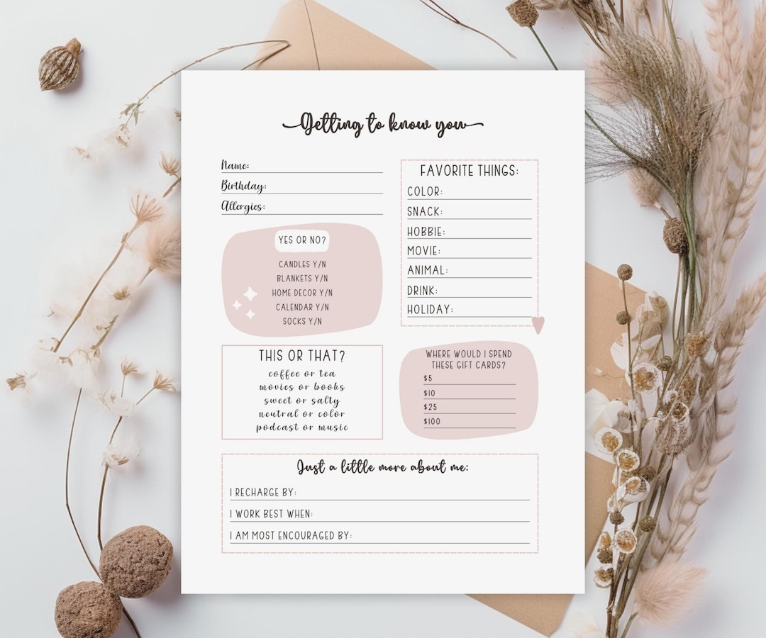 Getting to Know You Survey, All About Me Questionnaire, Favorite Things ...