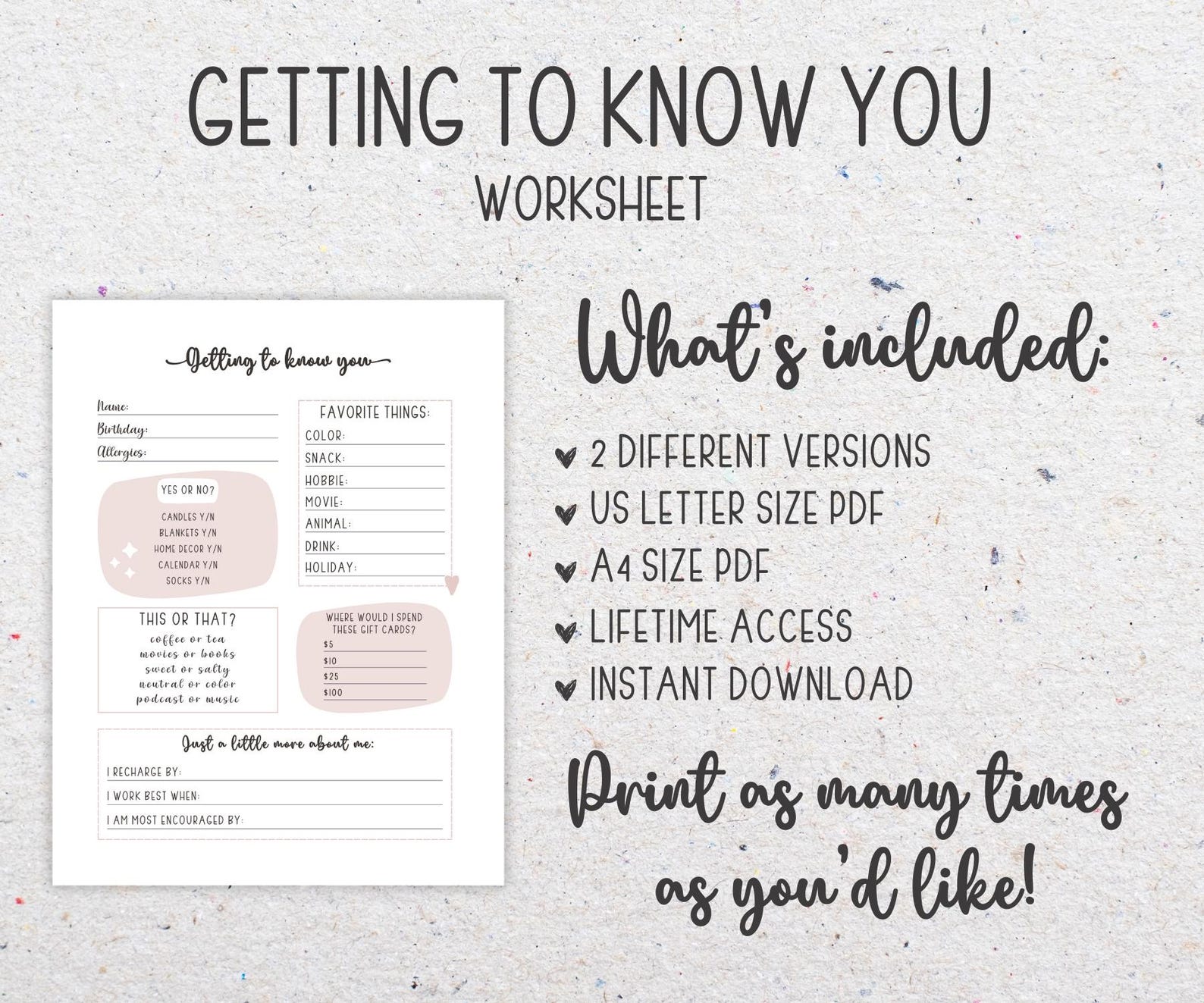 Getting to Know You Survey, All About Me Questionnaire, Favorite Things ...